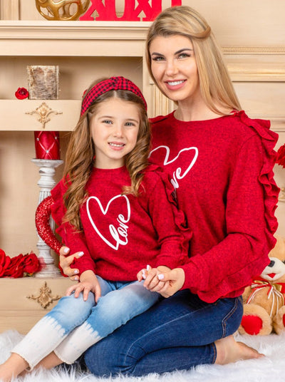 Mommy And Me Matching Ruffle Sleeve Heart Sweater Mia Belle Girls