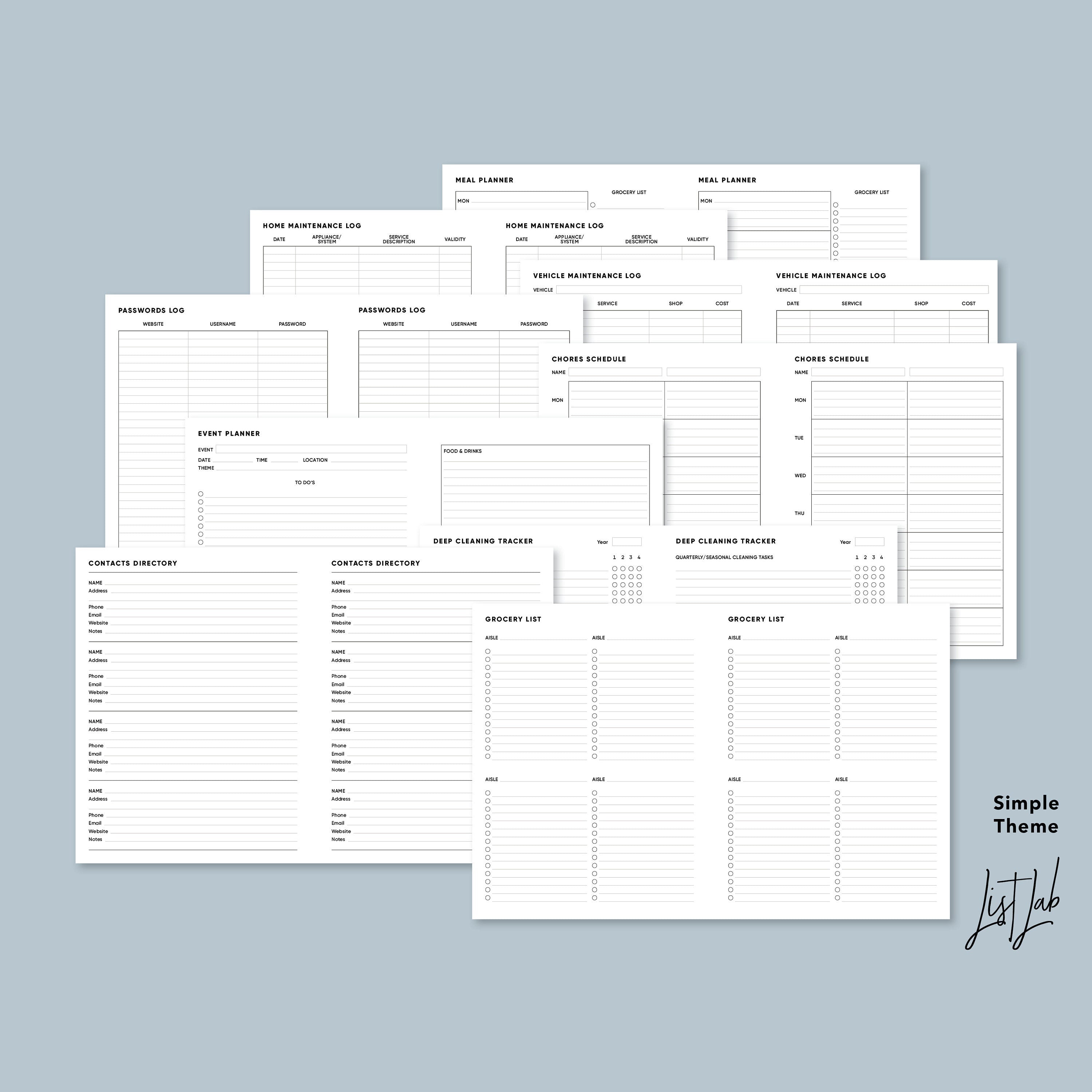 Classic Discbound Home Management Kit Printable Insert Set Listlab