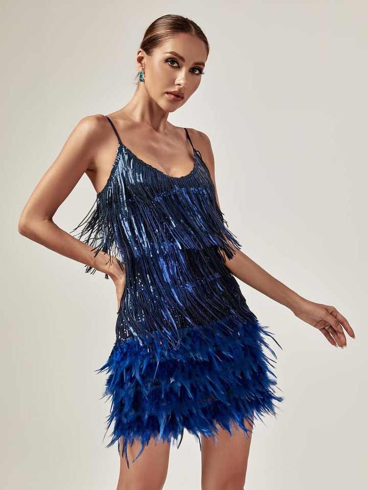 Austyn Tassel Feather Mini Dress In Royal Blue Mew Mews Fashion