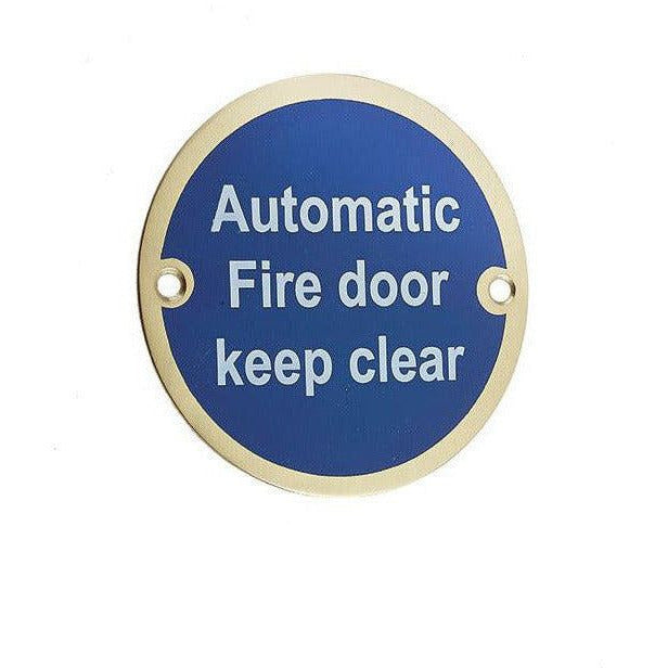 Automatic Fire Door Keep Clear Sign 76mm Polished Brass Tradefit