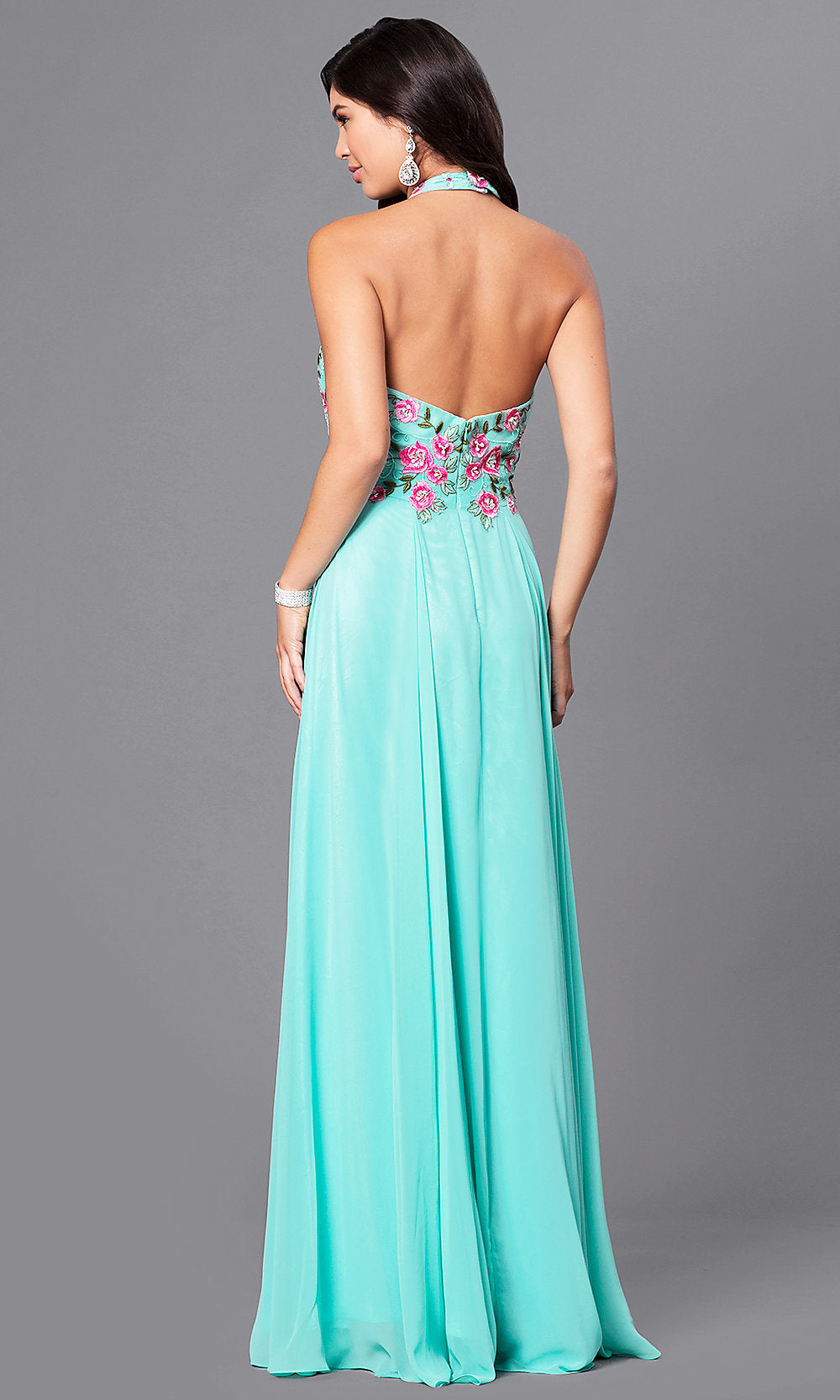 Long A Line Halter Prom Dress With Floral Embroidery