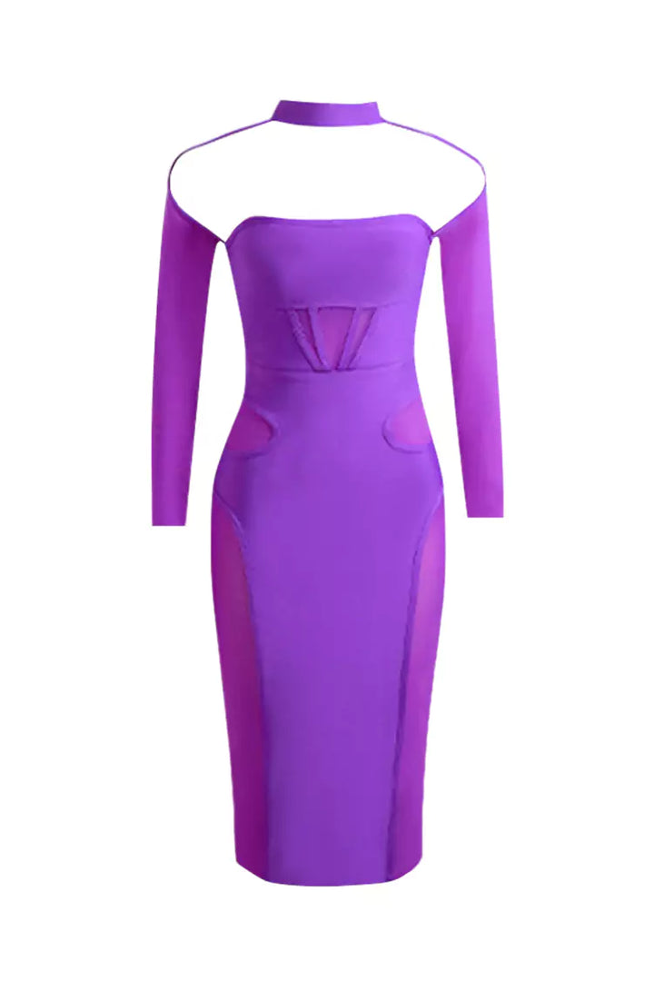 Noa Purple Mesh Bandage Midi Dress Catchallstore