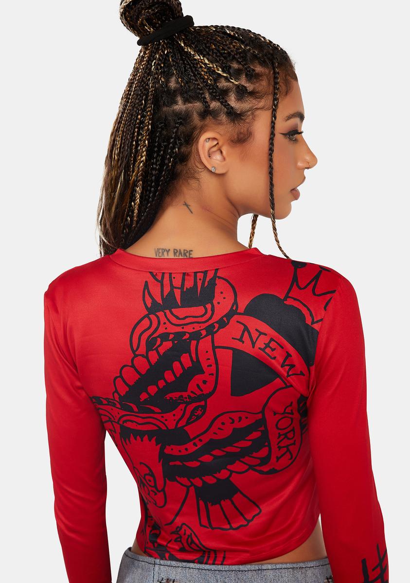 Ed Hardy X Dolls Kill Heart Banner Print Long Sleeve Crop Tee Red