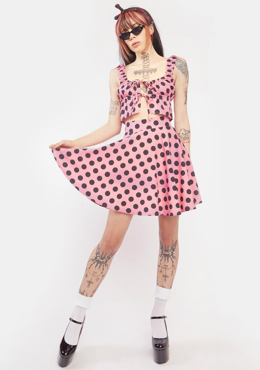 Cropped Ruched String Tie Polka Dot Crop Top Pink Dolls Kill