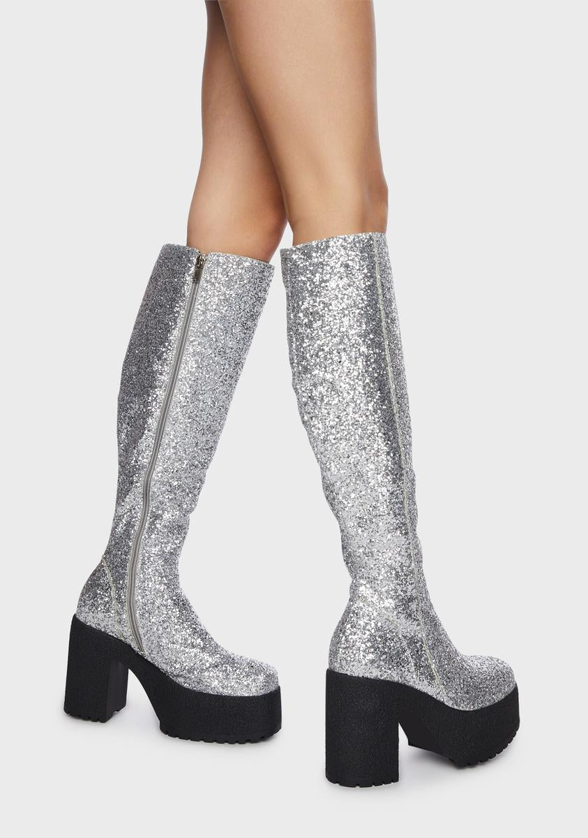 Lamoda X Dolls Kill Glitter Platform Heel Knee High Boots Silver