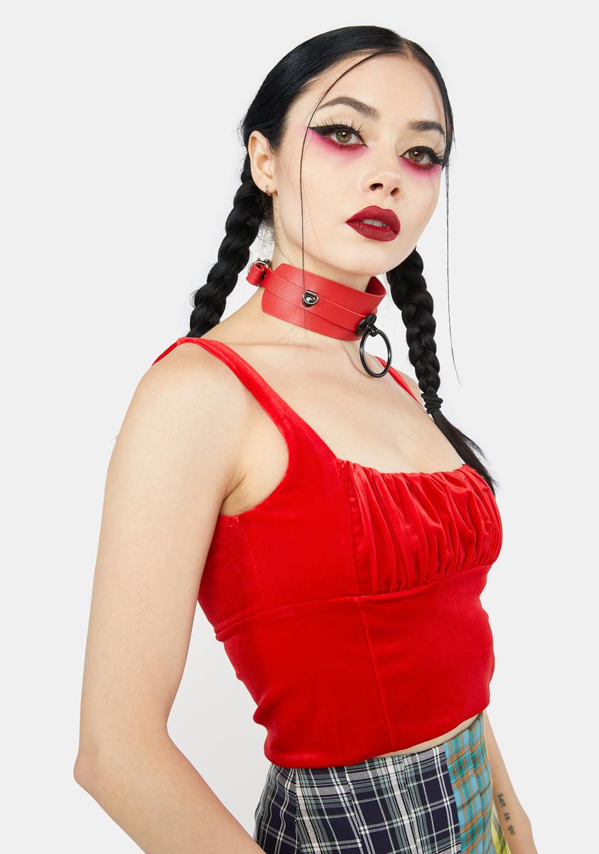 Velvet Square Neck Ruched Crop Top Red Dolls Kill