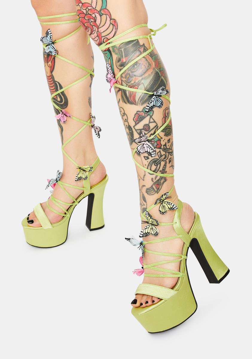 Sugar Thrillz Lace Up Wrap Butterfly Platform Heels Greenmulti