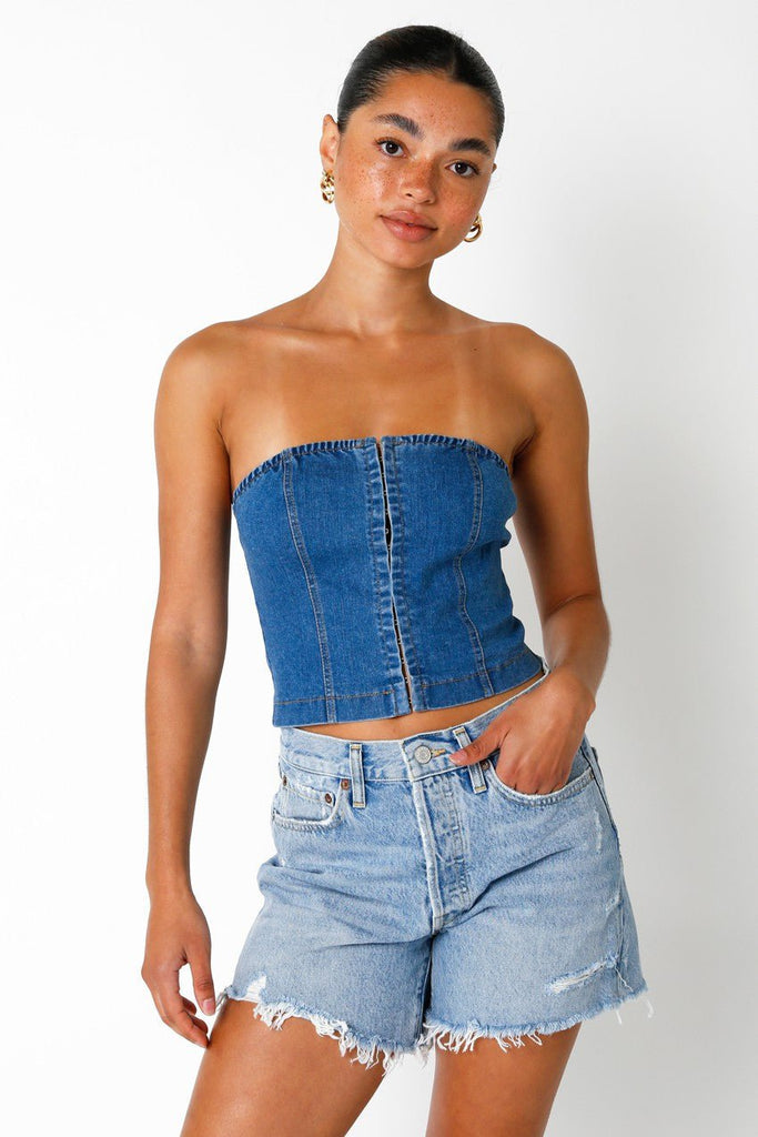 Denim Corset Top Hook And Eye Top Strapless Tube Top Boho Pink