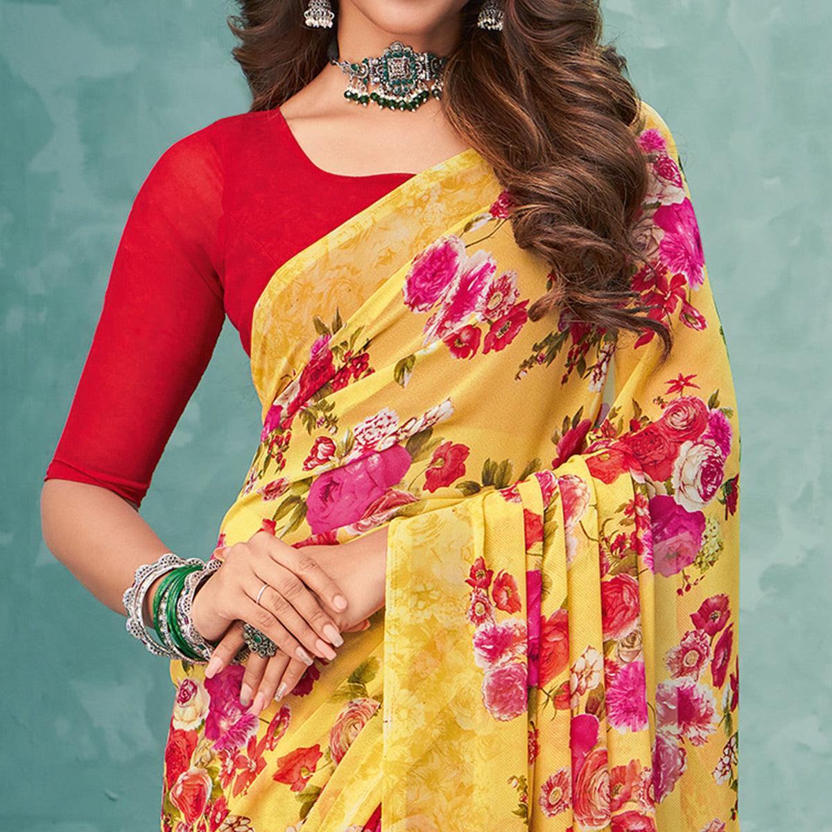 Yellow Floral Printed Georgette Saree