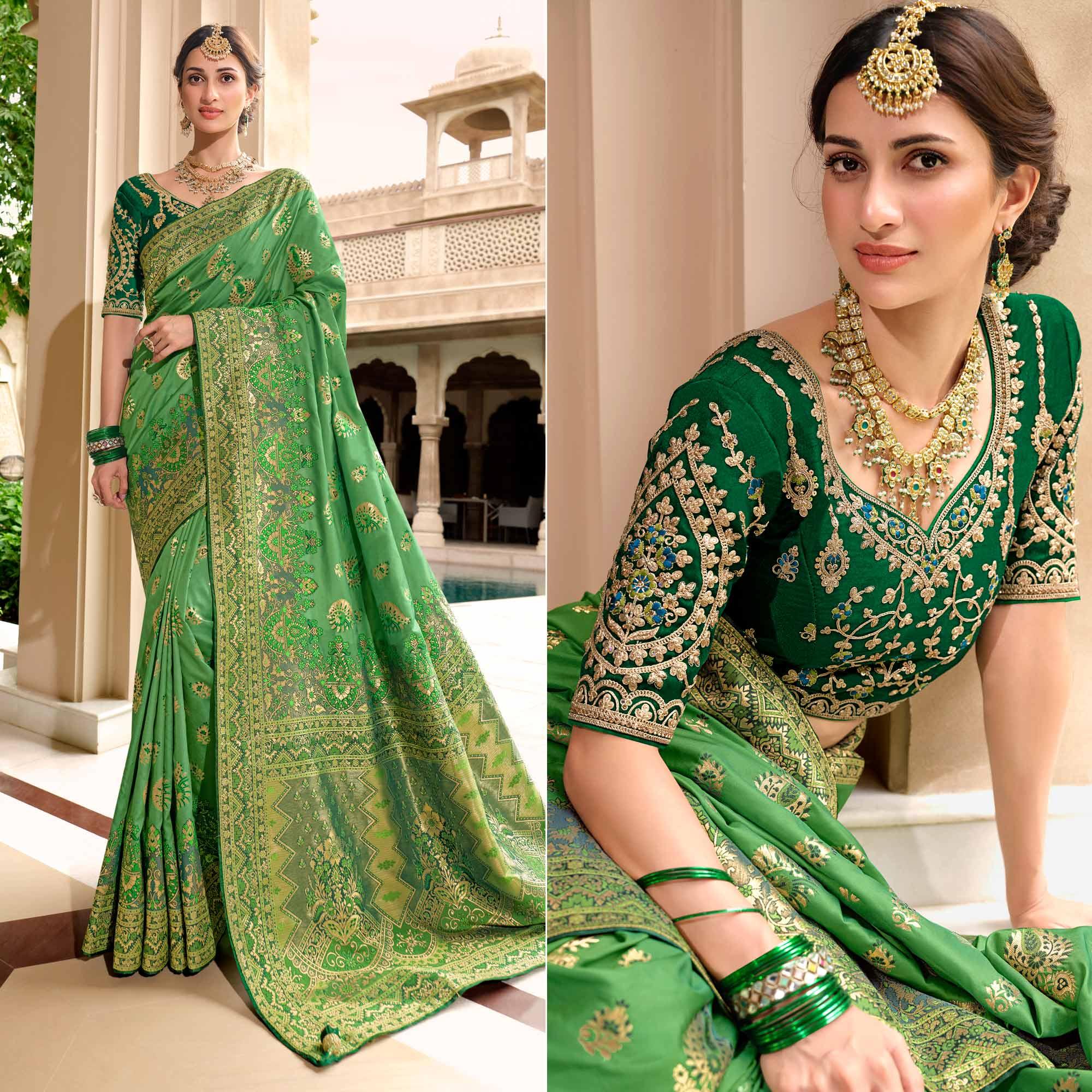 Green Woven Banarasi Silk Saree With Tassels