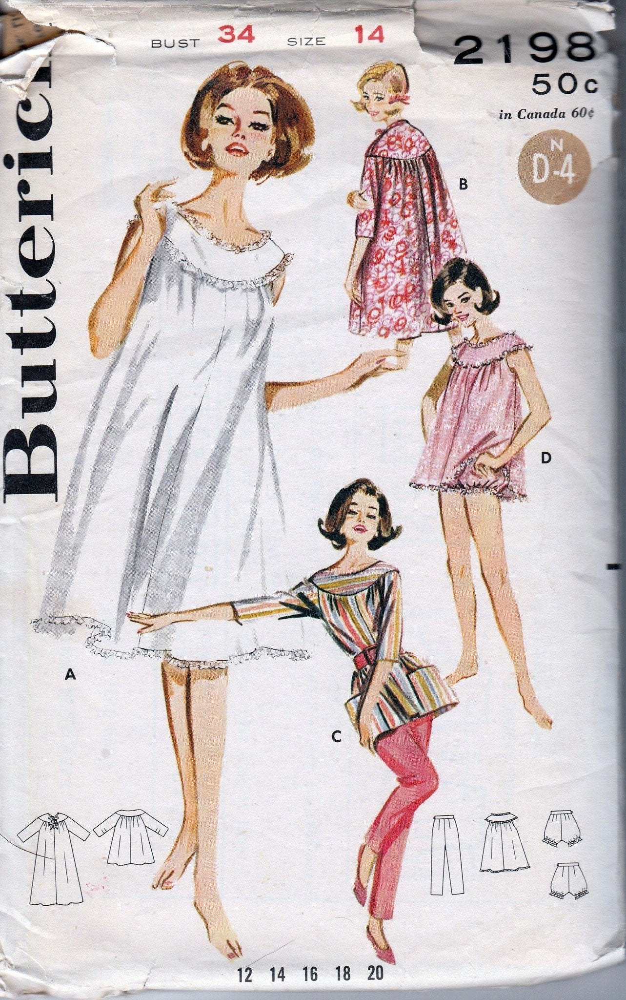 Butterick 2198 Vintage Sewing Pattern 1960s Ladies Lingerie Nightgown