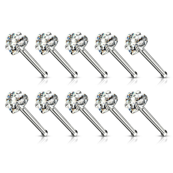 10pcs Prong Set Clear Heart Gem Nose Ring Studs 18g 20g Wholesale Body