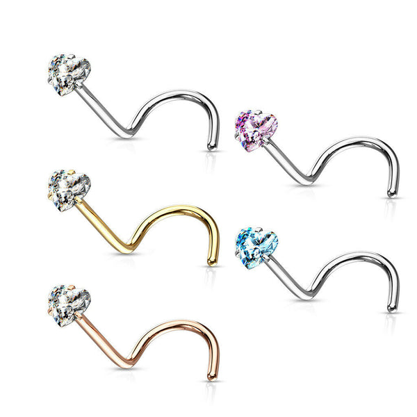 5pcs Prong Set Heart Gem Nose Ring Screws 316l Surgical Steel Body Jew