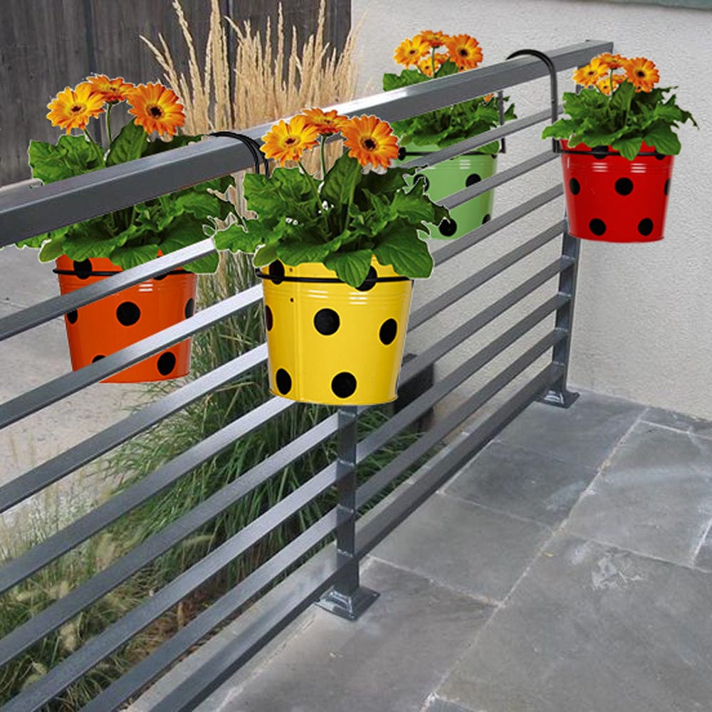 Railing Mountable Hanger With 4 Dotted Flower Pots Orange Yellow