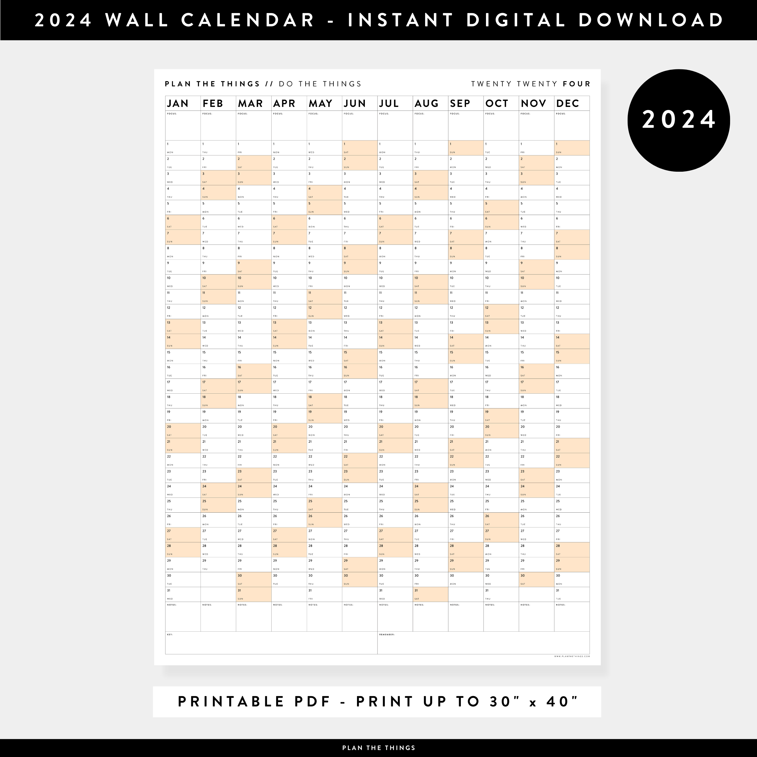 Printable Vertical 2024 Wall Calendar With Orange Weekends Instant D