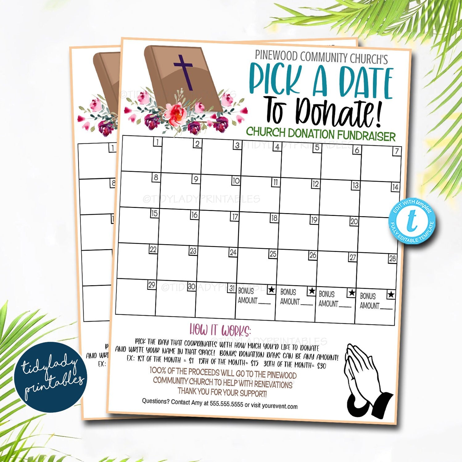 Church Pick A Date To Donate Calendar Tidylady Printables