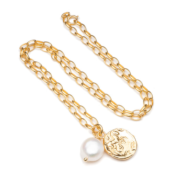 Pearl And Roman Coin Chunky Chain Necklace Cabbagewhitewholesale