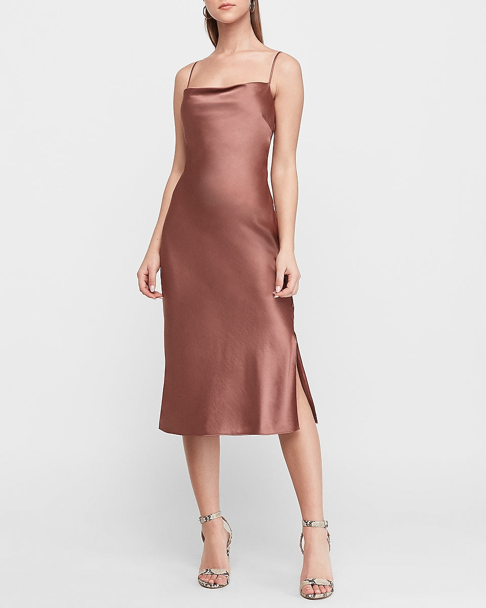 Express Satin Cowl Neck Midi Slip Dress In Cocoa Express Style Trial