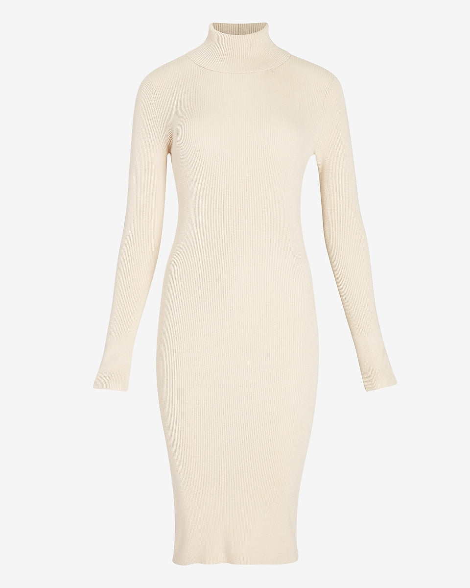 Express Ribbed Turtleneck Midi Sweater Dress In Oatmeal Express