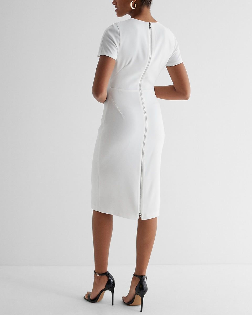 Express Crew Neck Back Zipper Midi Sheath Dress In White Express