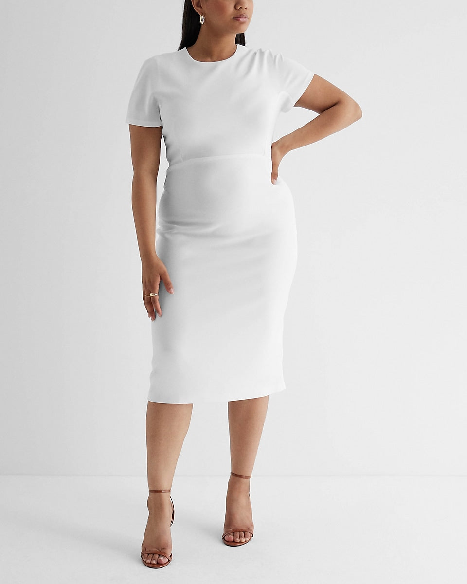 Express Crew Neck Back Zipper Midi Sheath Dress In White Express