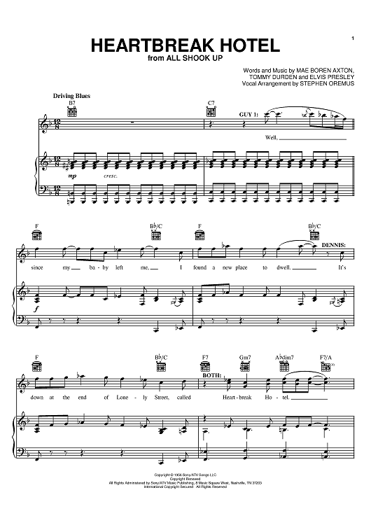 Heartbreak Hotel Sheet Music By Elvis Presley For Pianovocalchords