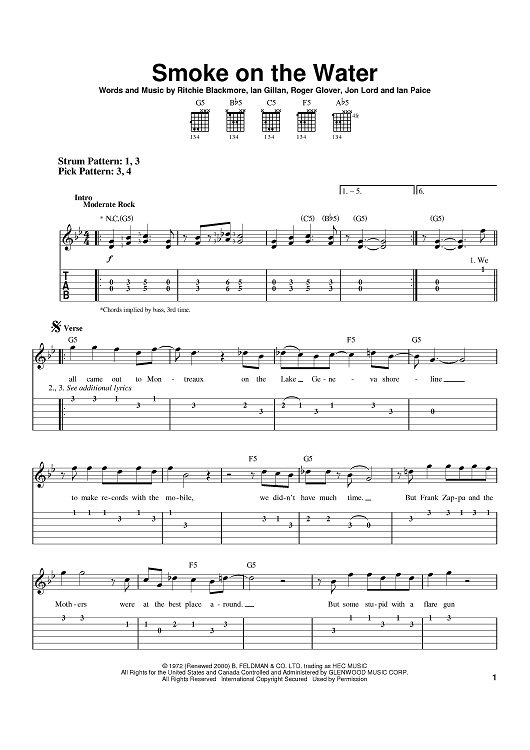 Smoke On The Water Sheet Music By Deep Purple For Easy Guitar Tab