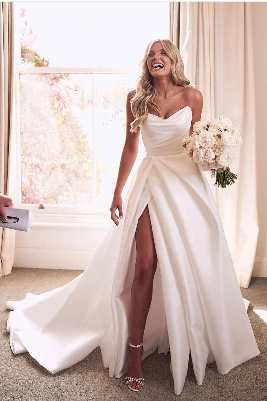 Ruching Strapless Satin Bridal Dress With Leg Slit Loveangeldress