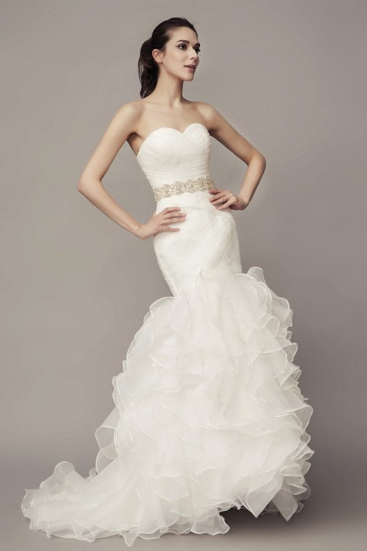 Sweetheart Corset Mermaid Wedding Gown With Ruffles Organza Skirt