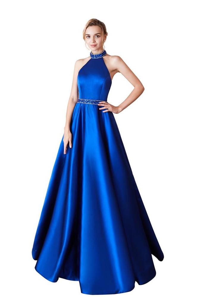 Satin Royal Blue Prom Dress Beaded Halter Neckline Loveangeldress