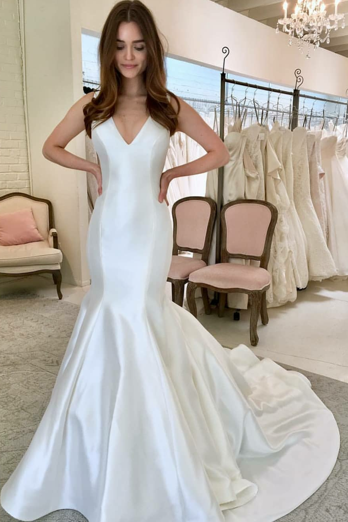 Simple Mermaid Satin Wedding Gown With V Neckline Loveangeldress