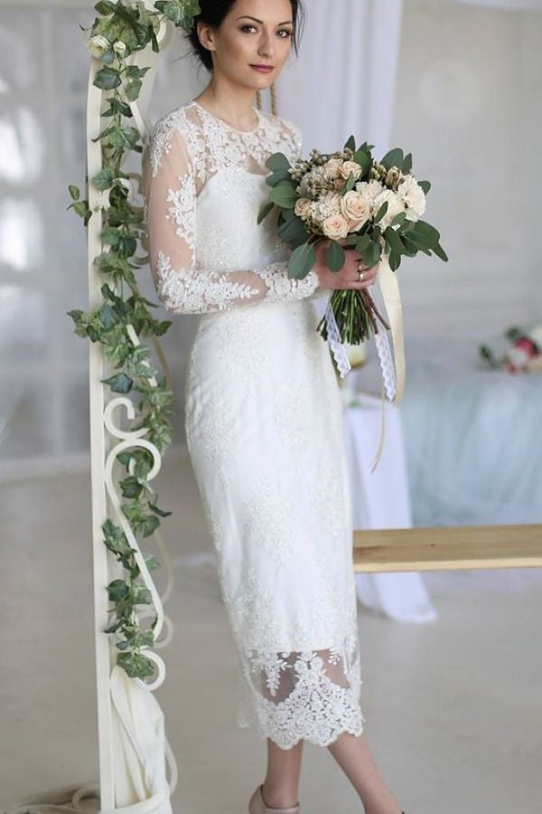 Crew Neckline Lace Tea Length Wedding Dresses Long Sleeves Loveangeldress