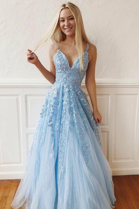 Light Blue Floral Lace Prom Dresses Tulle Skirt V Neckline