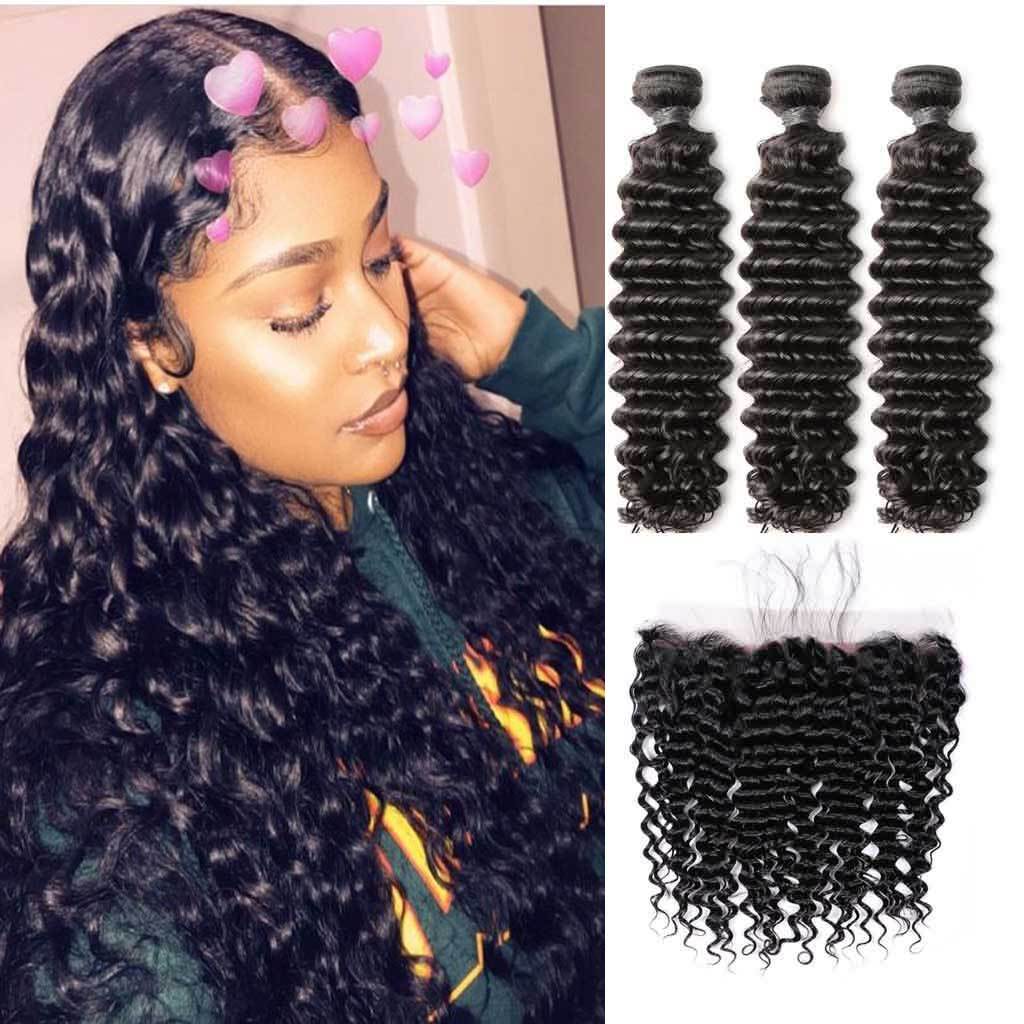 Brazilian Deep Wave Virgin Hair 3 Bundles With Preplucked Lace Frontal