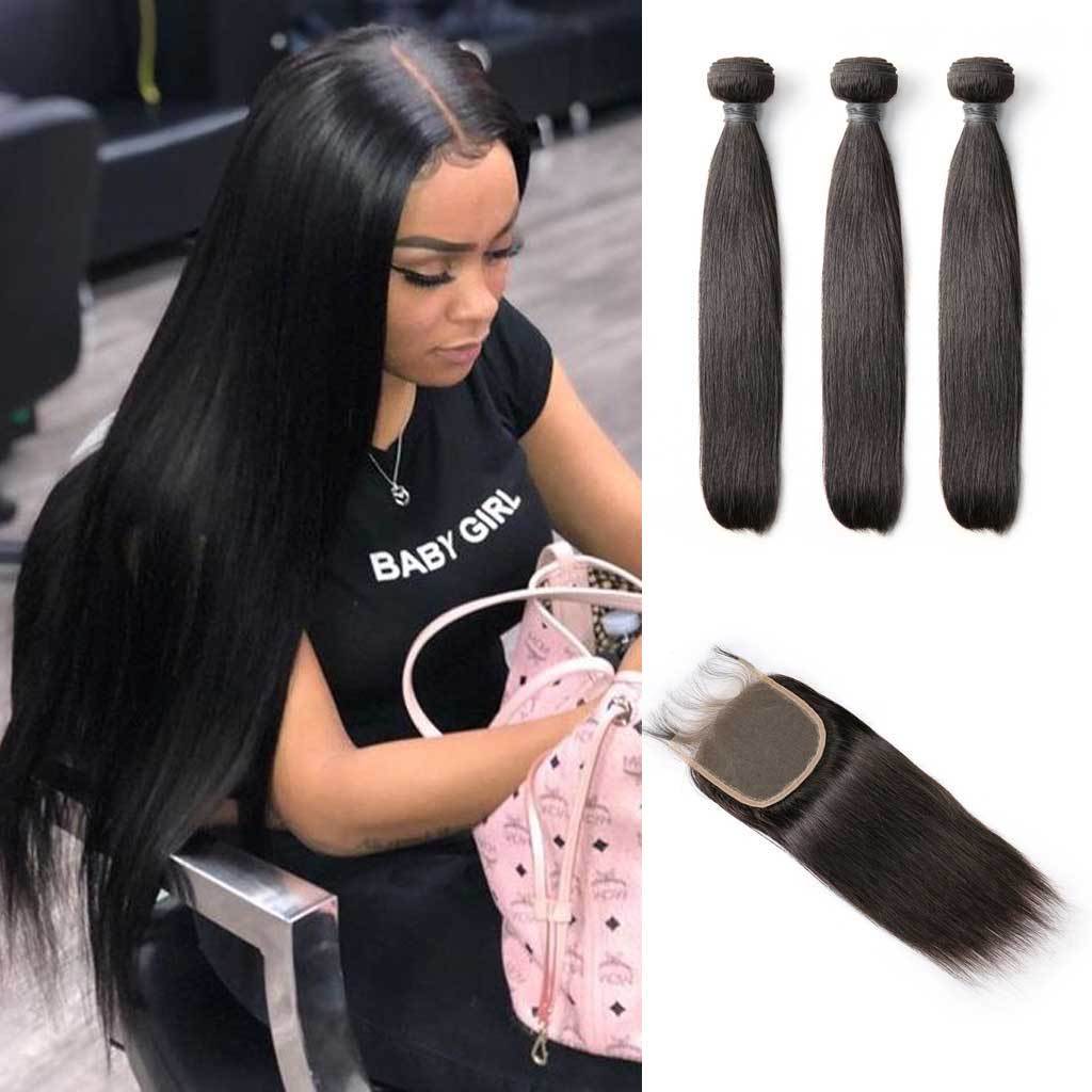 10a Brazilian Straight 3 Bundles With Lace Closure