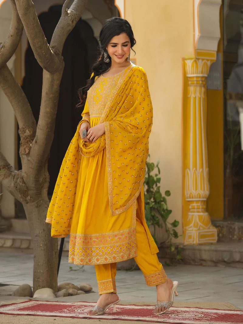 Yellow Rayon Embroidered Nyra Cut Suit Set With Chiffon Dupatta