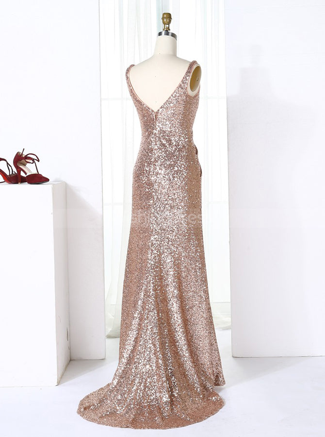 Rose Gold Sequined Bridesmaid Dresses With Trainlong Bridesmaid Dess