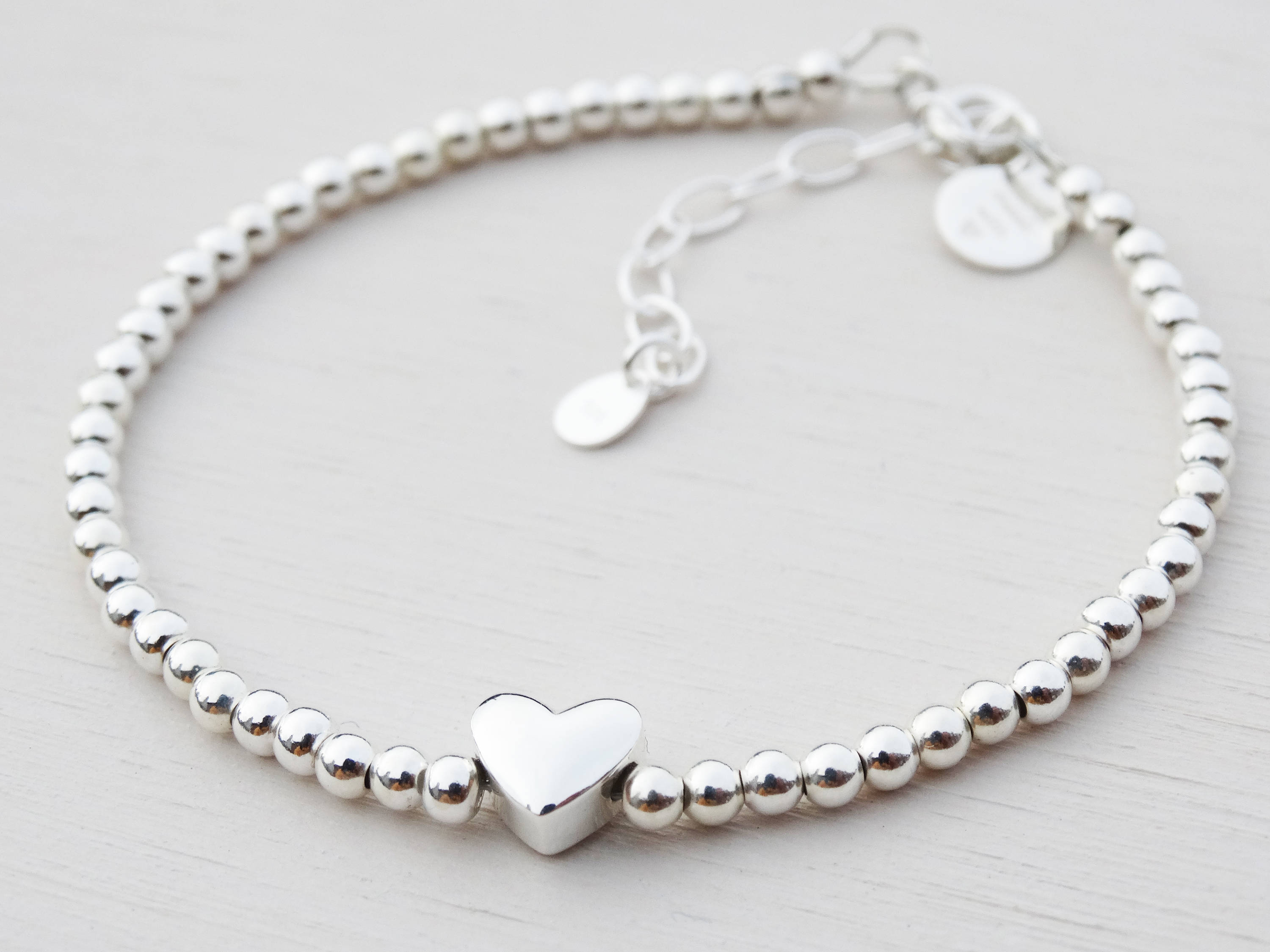 Silver Bead And Heart Bracelet Sterling Silver