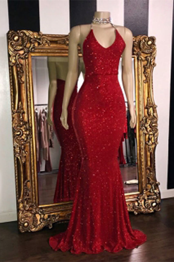 Gorgeous Red Glitter Sequins Prom Dresses Mermaid Halter Evening Gowns