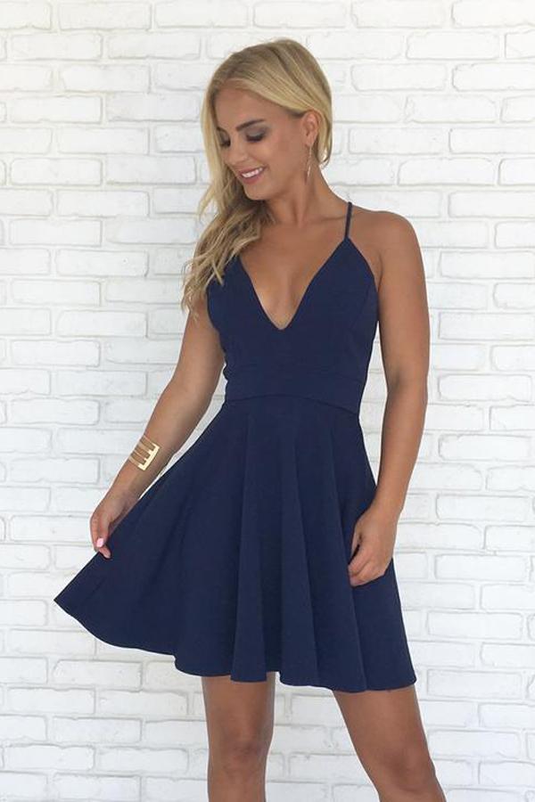 Navy Blue Spaghetti Straps V Neck Backless A Line Simple Homecoming