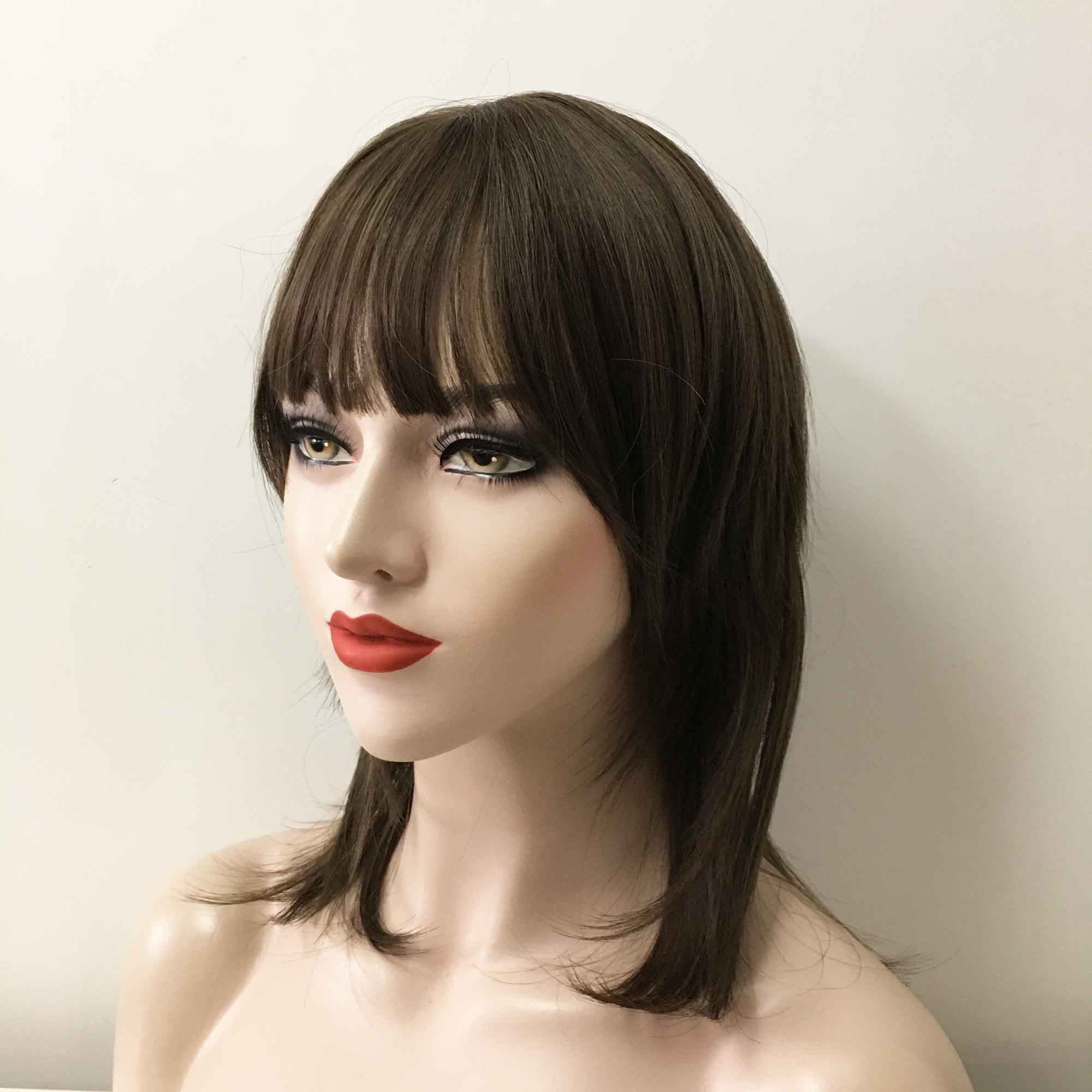 Women Dark Brown Medium Length Straight Fringe Bangs Mullet Wolf Cut