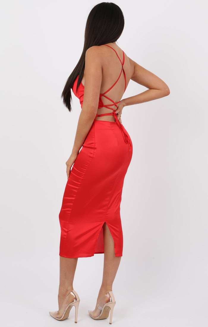 Red Satin Cowl Neck Bodycon Midi Dress Midi Dresses Femme Luxe