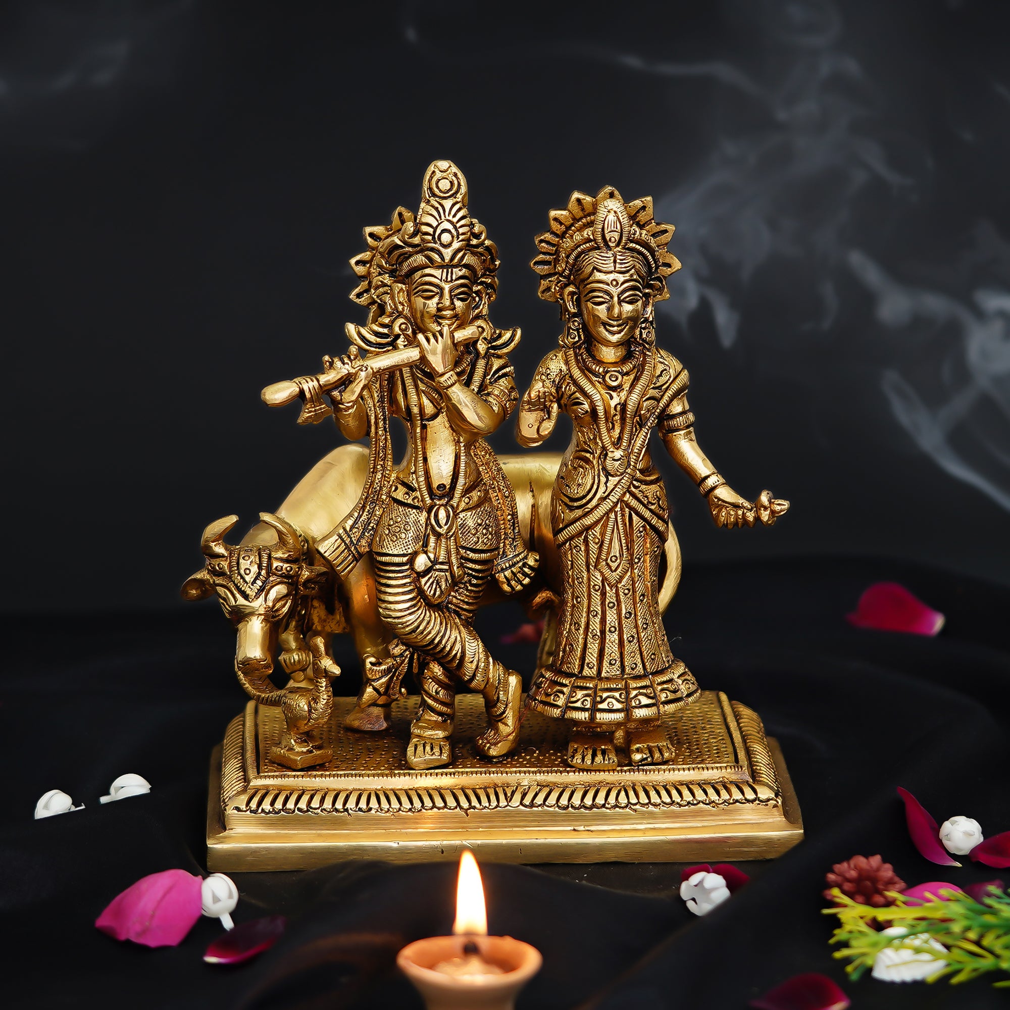 Golden Radha Krishna With Cow Brass Statue Ecraftindia Online