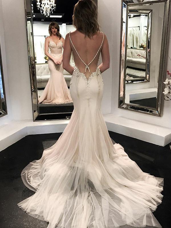 Spaghetti Strap Mermaid Wedding Dresses Sexy Backless Beaded Wedding