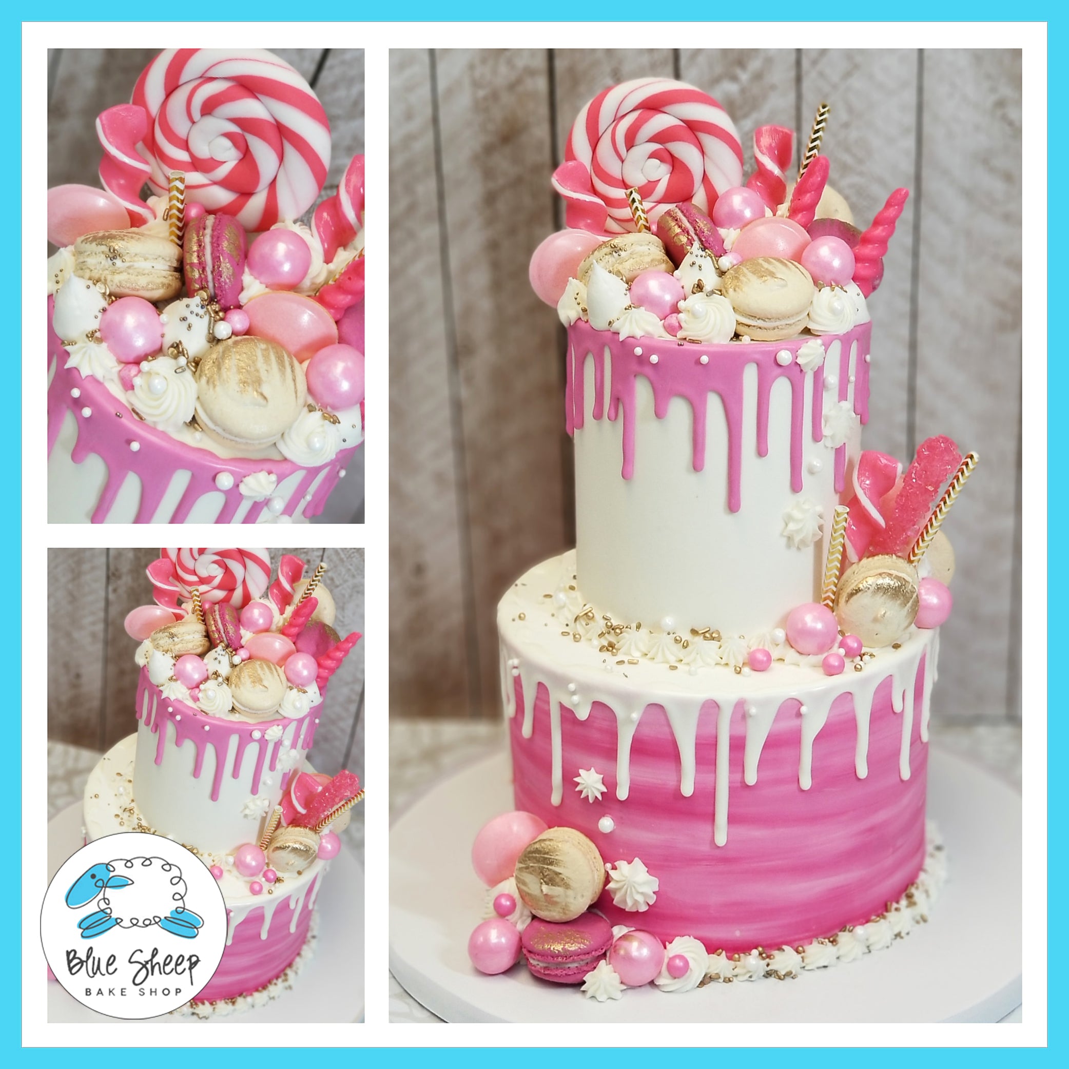 Pink And White Buttercream Drip Cake With Goodies Blue Sheep Bake Shop