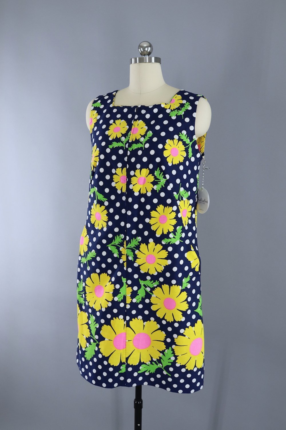 Vintage 1960s Navy Blue Polka Dots Mod Floral Print Shift Dress