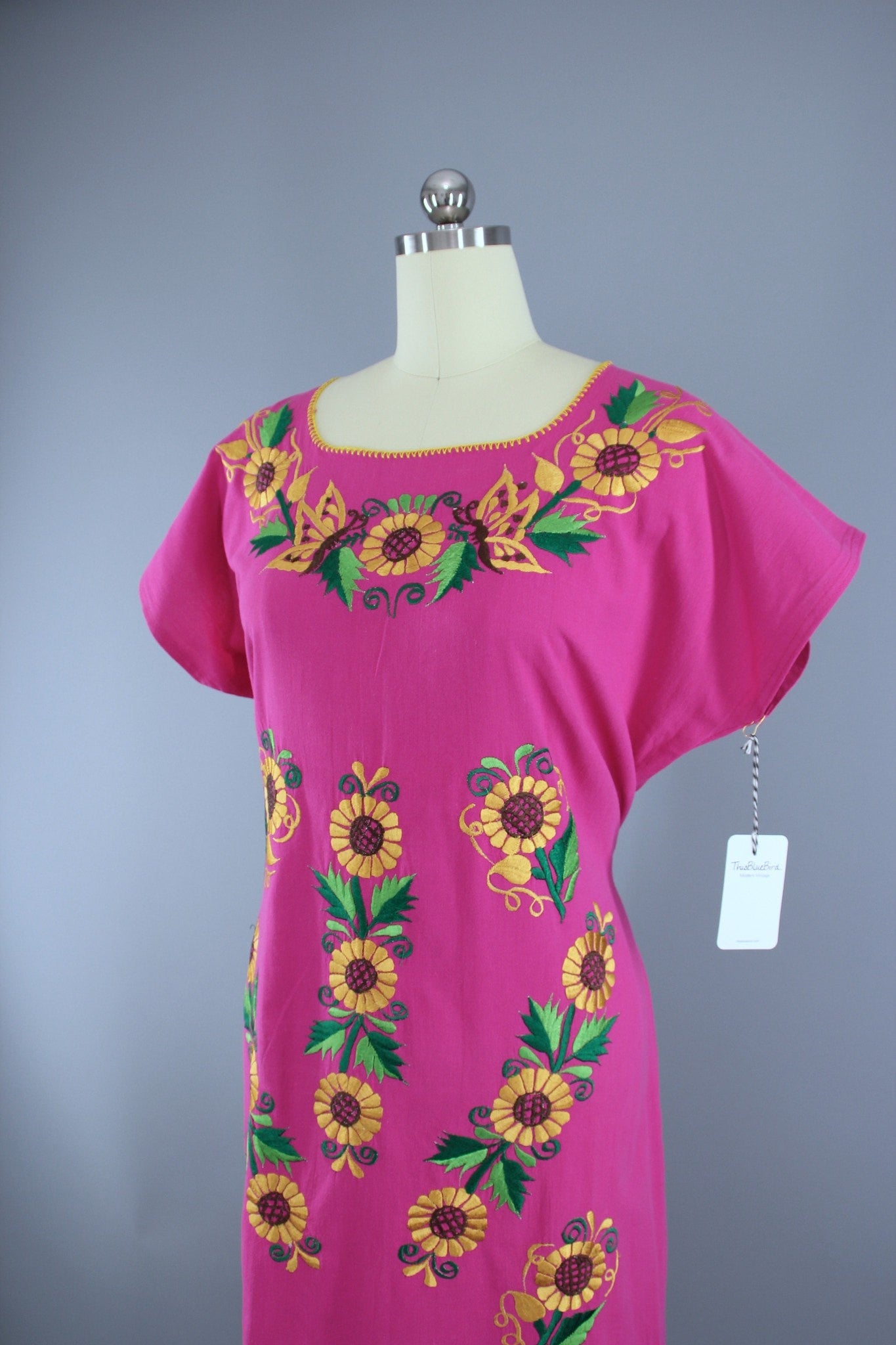 Vintage Mexican Dress Pink Sunflower Floral Embroidery Thisbluebird