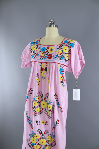 Pastel Pink Vintage Mexican Dress Oaxacan Embroidered Caftan