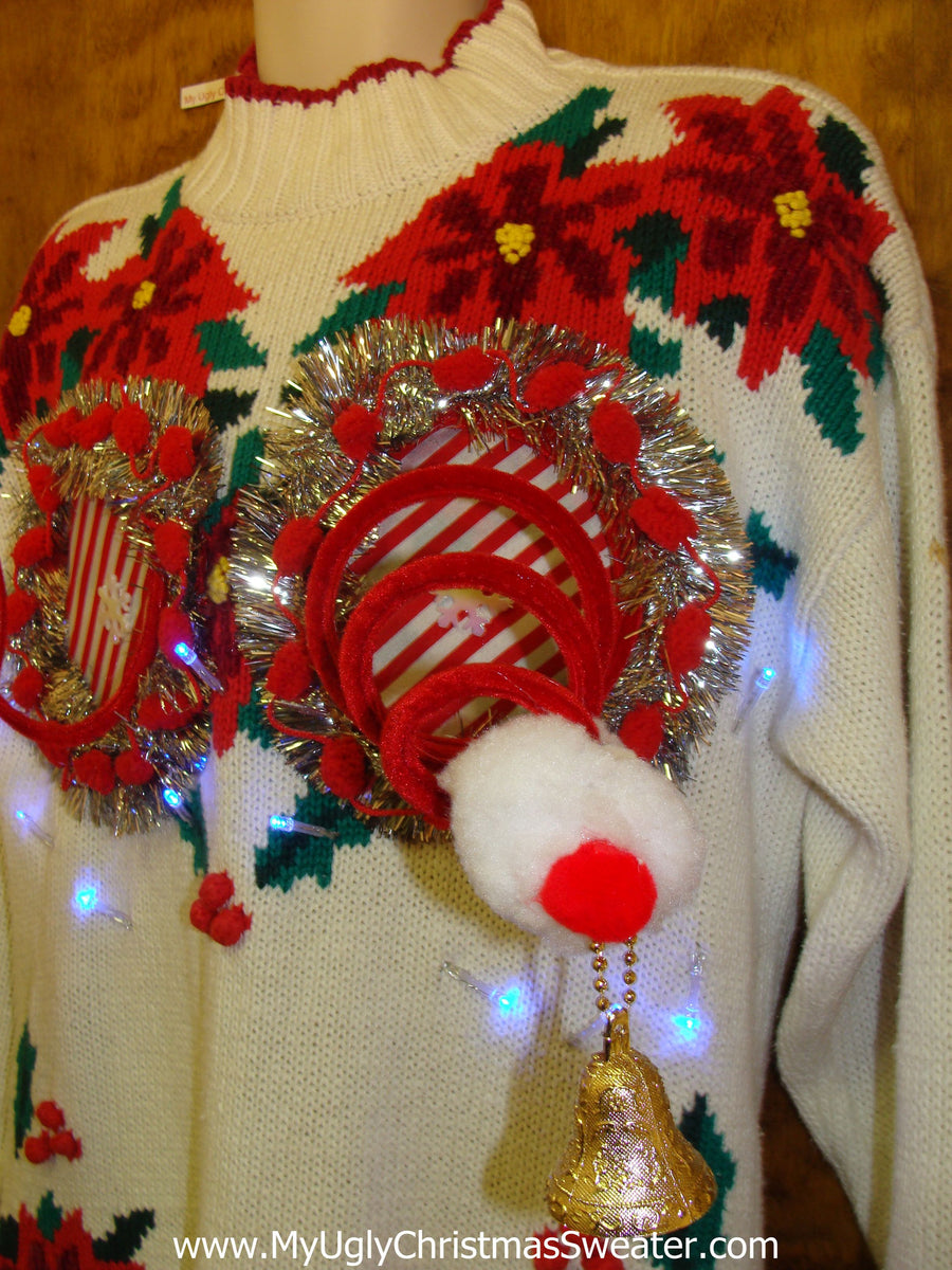 80s Pointsettia Light Up Ugly Christmas Naughty Sweater My Ugly