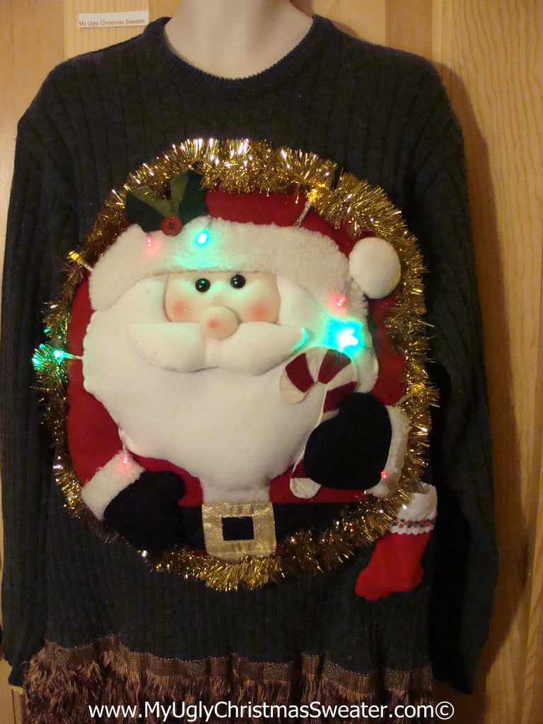 Tacky 3d Ugly Christmas Sweater Mens Puffy Santa With Lights And Fring